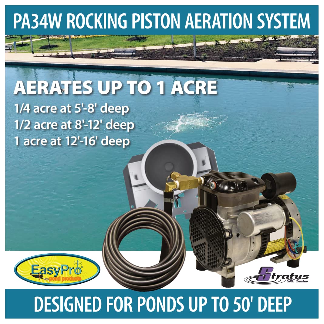 EasyPro PA34W Rocking Piston Pond Aeration System / 1/4 hp Kit with QS1 Single Diffuser / 100 ...